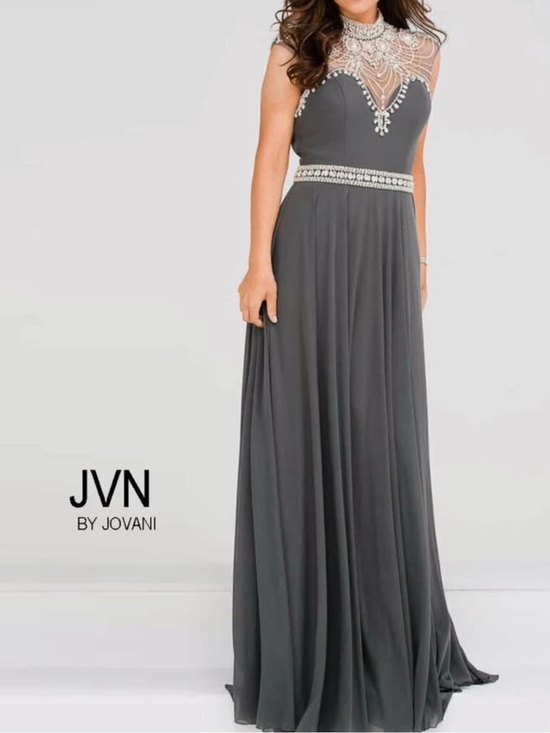 JVN | Dresses | Jvn By Jovani Gray Beaded Illusion Neck Maxi Gown ...